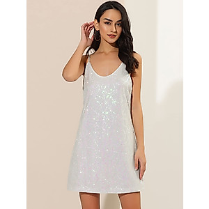 Allegra K Women's Glitter Sequin Dress V Neck Spaghetti Strap Halloween Mini Party Dress Clubwear X-Large White (with Pinks)