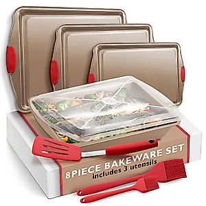 Eatex Baking Sheet, 8PC Cookie Sheet Set with Silicone Handles, Nonstick Steel Baking Pan, Durable Baking Sheets for Oven, BPA Free Baking Pans Set, Cookie Sheets for Baking Set – Brown Bakeware