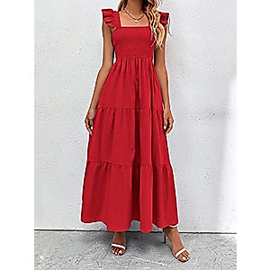 MakeMeChic Women's Summer Boho Dress Floral Print Spaghetti Strap Square Neck Shirred Maxi Dress Beach Sun Dress Solid Red L