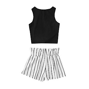 OYOANGLE Girl's 2 Piece Outfits Summer Tie Knot Tank Top and Paperbag Waist Striped Shorts Set Black and White 8Y