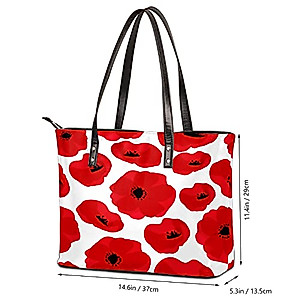 Poppy Women's Soft Faux Leather Tote Shoulder Bag Red poppies Big Capacity Handbag for Work School Travel Dating
