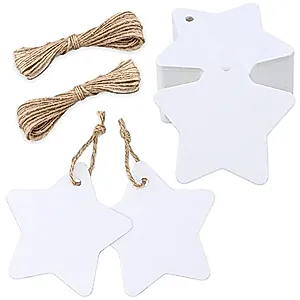 Five-Pointed Star Gift Tags 100PCS Paper Gift Tags with String White Gift Tag with Natural Jute Twine for DIY, Craft, Party Favors, Wedding Favors and Special Events (White)