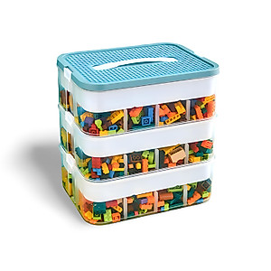 PeoTRIOL 3-Tier Stackable Toy Storage Box with Lid Dividers, Kid Toy Blocks Organizer Container Removable Tray, Plastic Toy Chest Organizer for Baby Nursery Playroom - Toy Blocks Not Included