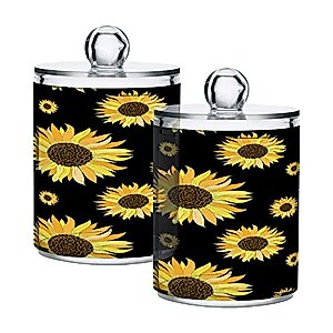 Kigai Black Sunflower Qtip Holder - 14OZ Clear Plastic Apothecary Jars Bathroom Canister Dispenser Organizer Vanity Storage Jar with Lid for Cotton Ball, Cotton Swab, Floss (2PACK)