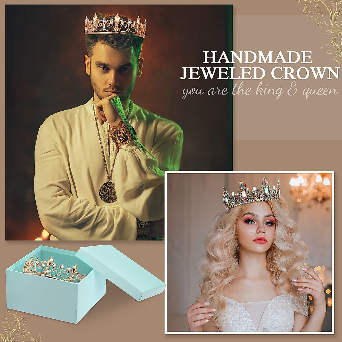 MTLEE 2 Pcs Prom King and Queen Crowns King Crowns for Men Royal Crown with Blue Rhinestone Queen Crowns for Women Halloween Wedding Birthday Graduation(Stylish Style)