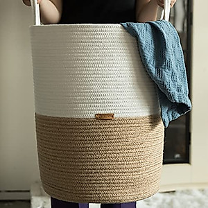 R RUNKA Extra Large Woven basket -16"x 20" Laundry Basket with Handle -Clothes Hamper, Laundry Hamper for Bedroom Living Room，Nursery Decor| Wicker Storage Basket - Off White & Jute