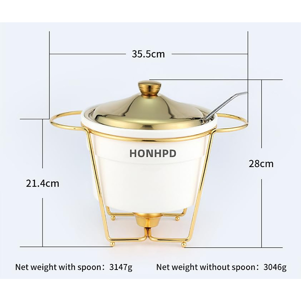 HONHPD Luxury Golden Stainless Steel Ceramics Chafing Dish with Spoon Dish Buffet Server Food Warmer Chafing (4-Quart Capacity)
