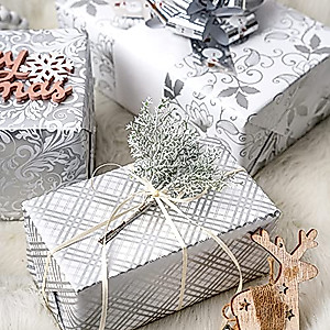 LeZakaa Silver Wrapping Paper Roll - Mini Roll - Floral/Bellflower/Plaid for Wedding, Bridal Shower, Birthday - 17 x 120 inches - 3 Rolls (42.5 sq.ft.ttl.)