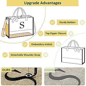 TOPEAST Jute Tote Bags with Zipper Pocket, Initial Embroidery Cosmetic Bag Womens Beach Bag with Adjustable Strap, Birthday Gifts for Girl Sister, Reusable Grocery Bags for Weekend Trips Yoga Letter E