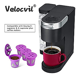Velocvil 4 Reusable K Cups for Keurig K Supreme and K Supreme Plus Coffee Makers, Refillable Single Cup Coffee Filters for Keurig K Supreme Plus Coffee Brewer, Purple