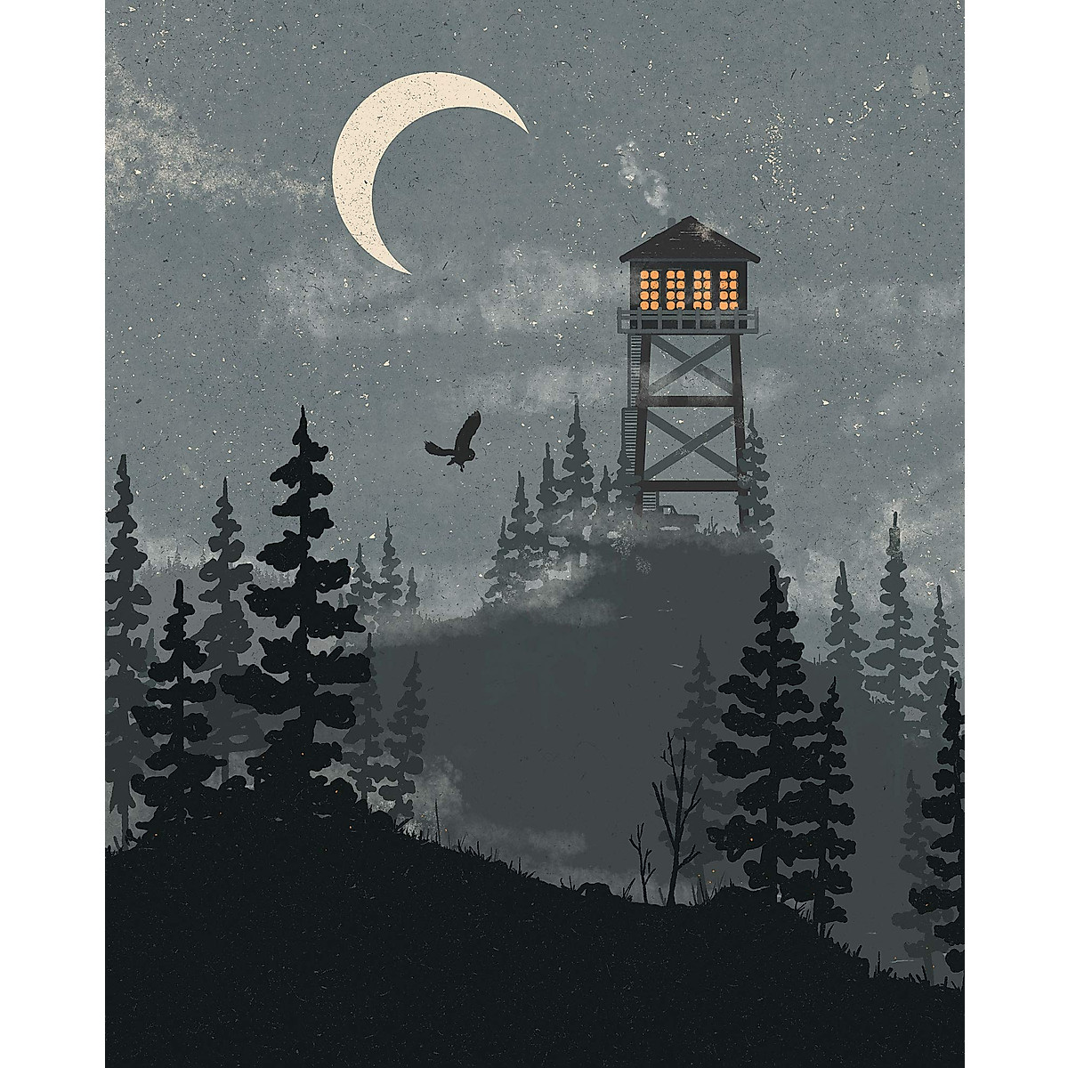 Forest Wilderness Art Print - 18 x 24 Nature Woods Trees Landscape Unframed Artwork Night Sky Lookout Tower Crescent Moon Outdoor Inspiration Poster Calming Peaceful National Park Decor