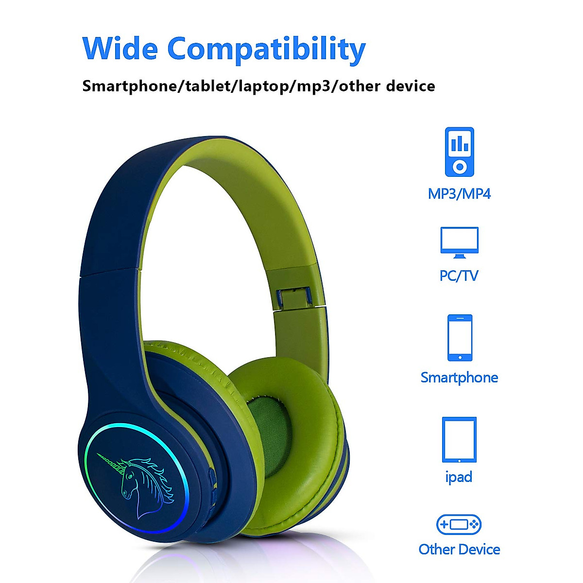 YUSONIC Wireless Headphones with led Lights, Kids Bluetooth Headphones for Boys Girls School/Travel/Phone/Kindle/pc/tv / MP3/tablet/laptop. (Blue Green)