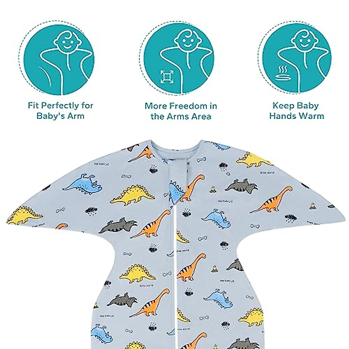 ZIGJOY Shark-Fin Transition Swaddle - Cozy Baby Wearable Blanket Cotton Lightweight Self-Soothing Sleep Sack, 1.0 TOG, Dinosaur World, Large (6-9 Months)