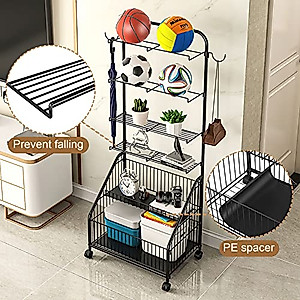 WANLECY 6 Layers Sports Rack for Garage, Rolling Ball Storage Holder on Wheels with Baskets and Hooks for Garage Ball Organize, Black