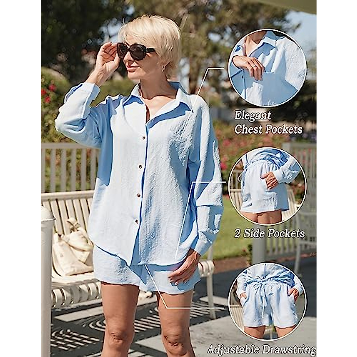 Ekouaer Women Pajama Sets 2 Piece Summer Lounge Sets utton Down Shirts and Casual Shorts with Pockets,Light Blue Large