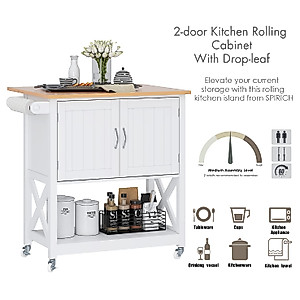 Spirich Kitchen Island on Wheels, Rolling Kitchen Cart with Storage Cabinet, Small Kitchen Island with Drop Leaf and Towel Rack for Dining Room, White