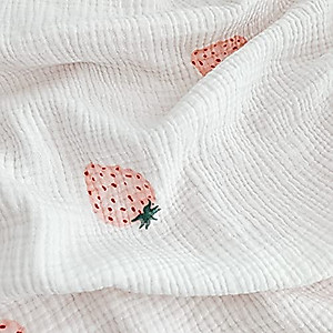 47x59 Extra Large 6 Layer 100% Organic Cotton Super Soft Warm Muslin Baby Swaddle Bed Blanket for Girls Infant Newborn Natural White Color Light Pink Strawberry Fruit Lovely Print Bedding Thick Winter