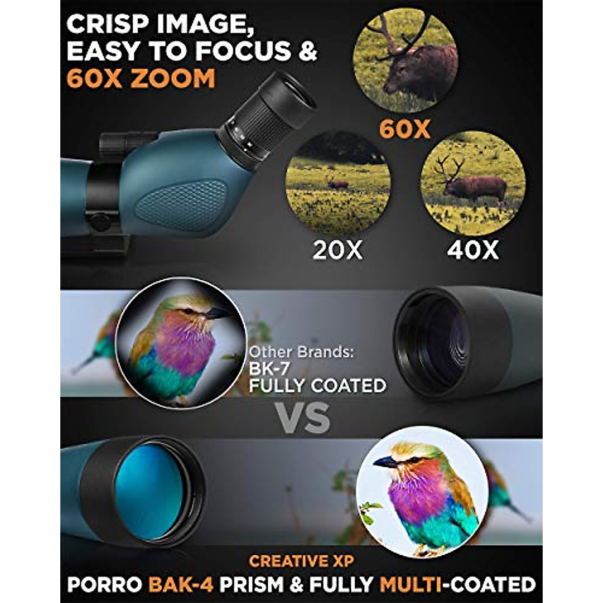 HD Spotting Scope with Tripod 20-60x80mm + LTE 4G Cellular Trail Cameras - BAK 4 Prism Spotting Scopes for Target Shooting Hunting Astronomy Bird Watching - 100% Waterproof Shockproof IP67
