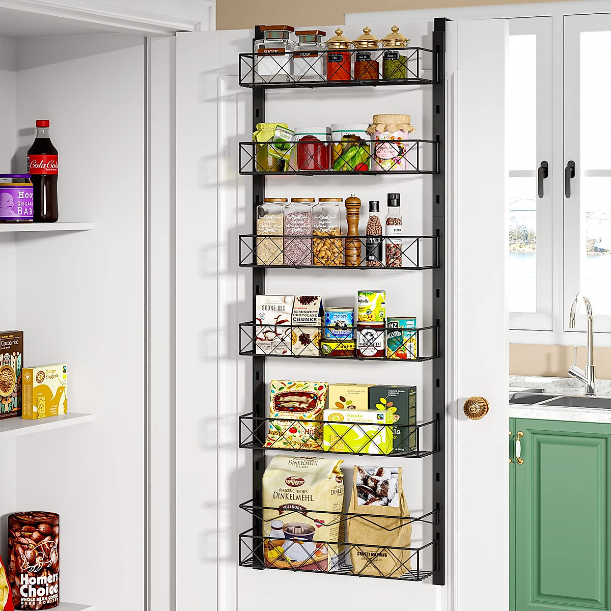 1Easylife Over The Door Pantry Organizer Rack, 6-Tier Adjustable Pantry Organization and Storage, Heavy-duty Metal Door Spice Rack with Detachable Baskets, Hanging Can Organizer for Kitchen Pantry