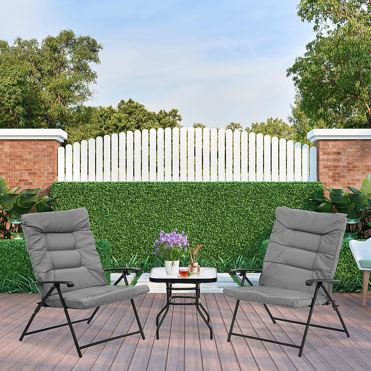 Brightpeak 3 Pcs Patio Folding Bistro Set, Outdoor Metal Adjustable Recliner Furniture Set, 2 Foldable Padded Chairs and Coffee Bistro Table Set for Balcony, Backyard, Porch (Grey)