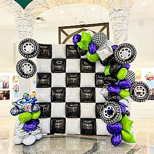 Orgnafey White and Black Checkered Mylar Double sided Flat Square Foil Balloon Wall Tunnel Arch Latex Balloon Garland Kit For Checkerboard Racing Themed Celebration Party Supply Background Decorations
