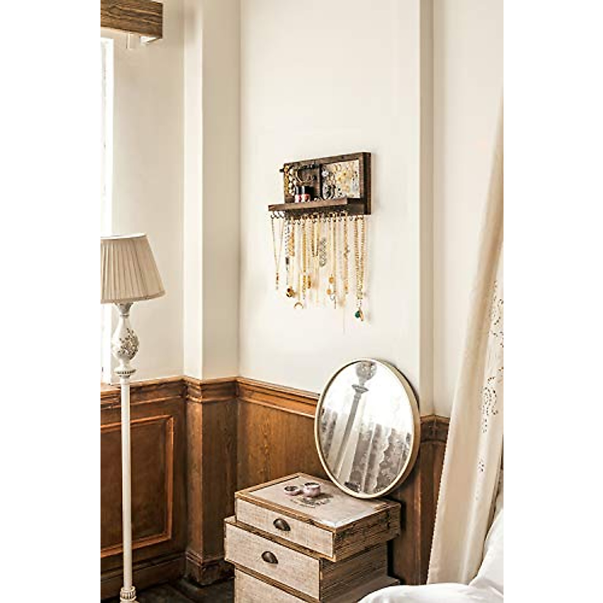 Mkono Rustic Wall Mounted Jewelry Organizer with Bracelet Rod and 30 Hooks Wood Hanging Jewellery Holder for Necklaces, Earrings, Bracelets, Rings, Display Shelf for Cabinet,Mother's Day Gift