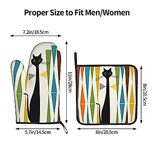 JEKYDOSD Print Mid-Century Modern Art Cat Oven Mitts and Pot Holders Sets Resistant Hot Pads with Polyester Non-Slip Gloves for Kitchen,Cooking,Baking,Grilling
