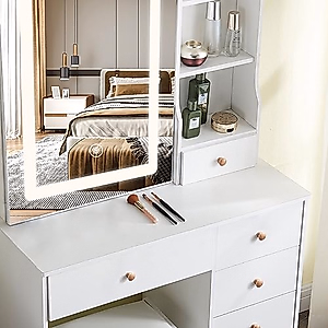 JBLCC Vanity Desk with Mirror and Lights,Makeup Vanity with Sliding Mirror, Makeup Table Set with Storage Shelves, Drawers, Modern Vanity Table for Bedroom (62706led)