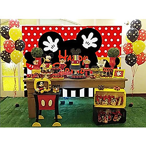 BINARY, Betta Mickey Mouse Photo Backdrop Mickey Happy Birthday Backdrop Red Black Stripes Dots Cartoon Mouse Backdrops for Baby Birthday Party Cake Table Background 6x4ft