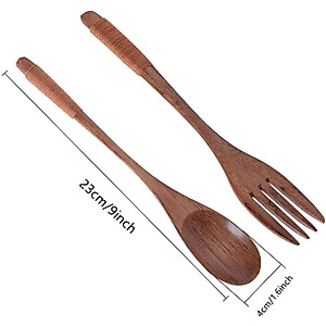 XMHF Wooden Spoons Forks Set Kitchen Tableware Dinnerware Flatware Natural Wood Cutlery Wooden Dinner Utensil Set, 2 Spoons and 2 Forks Brown Tied Line