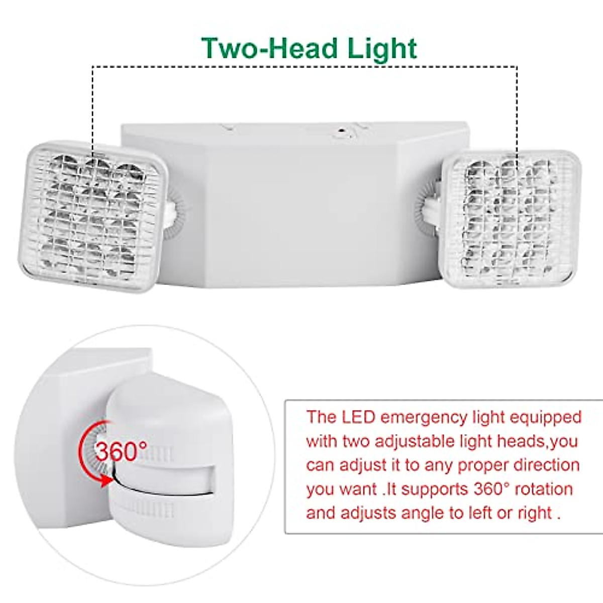 MAVARO White LED Emergency Lighting Fixture with 2 LED Heads and Hardwired Adjustable Exit Light Exit Sign for Business / Home with Battery Backup 110-277V, UL Certified, Fire Resistant