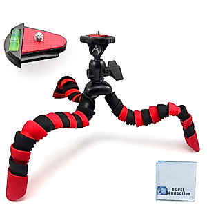 12" Inch Flexible Tripod w/Flexible Wrappable Disc Legs Red & Black, Quick Release Plate, and Bubble Level + eCostConnection Microfiber Cleaning Cloth