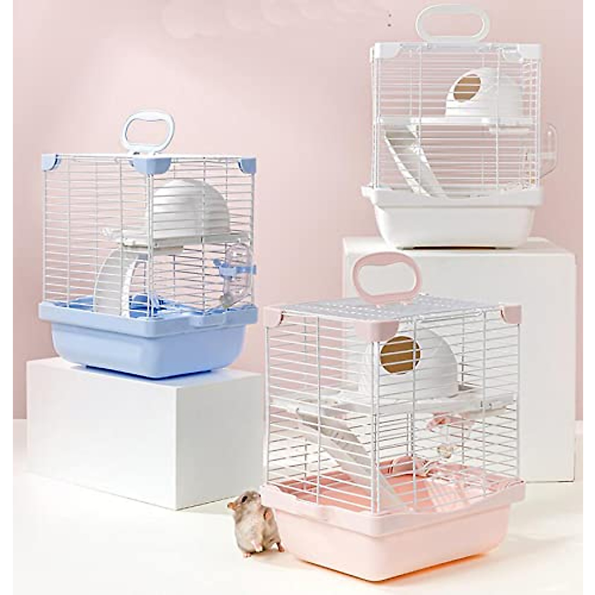 Misyue Dwarf Hamster Travel Portable Carrier Cage 2-Floors Syrian Hamster Home House Rodent Habitat Cage for Dwarf Hamster,Ferrets, Gerbil(Light Pink)