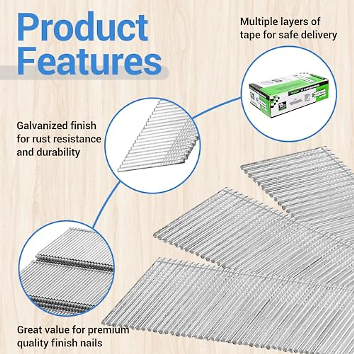 meite 15 Gauge Angled Finish Nails, 1-1/2-Inch 34 Degree DA Series Galvanized Finishing Nails for Nailer Guns - Perfect for Window Trim, Cabinet Building and Other DIY Projects (2,000 Counts)