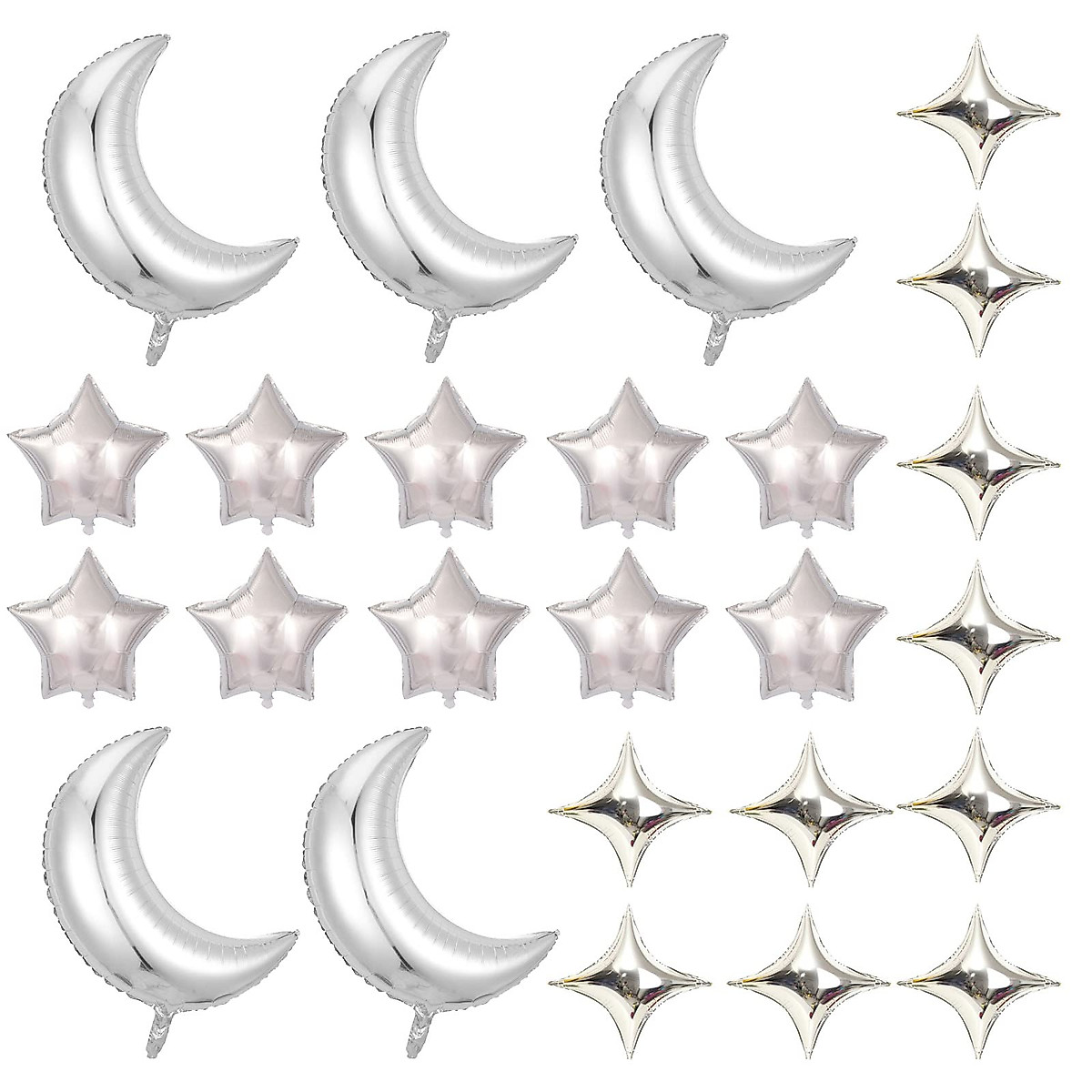 GLASNES 25Pcs Moon Star Shape Foil Balloons Set with 5 Pcs 28 Inch Large Moon Foil Balloons and 20 Foil Star Balloons for Wedding Baby Shower Birthday Graduation Anniversary Party (silver)