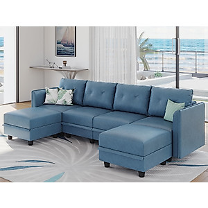 LLappuil Modular Sectional Sofa, Convertible U Shaped Couch with Storage, Faux Leather Fabric Waterproof Sectional Couch for Living Room, 111.8" Width, 6 Seat Modular Sofa, Navy Blue