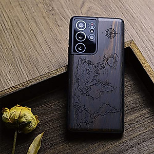 Carveit Wood Case for Galaxy S21 Ultra Case [Natural Wood & Black Soft TPU] Shockproof Protective Cover Unique & Classy Wooden Case Compatible with Samsung S21 Ultra 5G (Compass Maps-Blackwood)