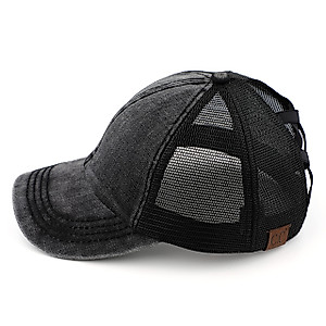 C.C Exclusives Stone Washed Distressed Cotton Criss-Cross Ponytail Hat Adjustable Baseball Cap (BT-1009) (A Crossed Elastic Band-Stone Washed_Black)