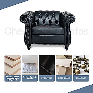 Chesterfield Sofa 2 Piece Set, Modern Black Faux Leather 3 Seater Couches and Sofa Chairs, Upholstered Tufted Button,Scroll Arms and Nailhead Trim, Sectional Sofa Set for Living Room Office Bedroom