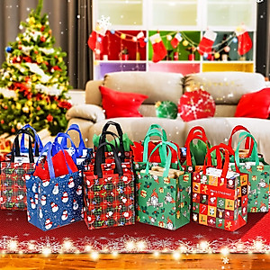 YANGTE 16 Pack Small Christmas Gift Bags with Tissue Paper, Non-Woven Christmas Treat Bags Reusable Tote Bags with Handles for Kids Candy Goodie Bags Christmas Bags Xmas Party Favors