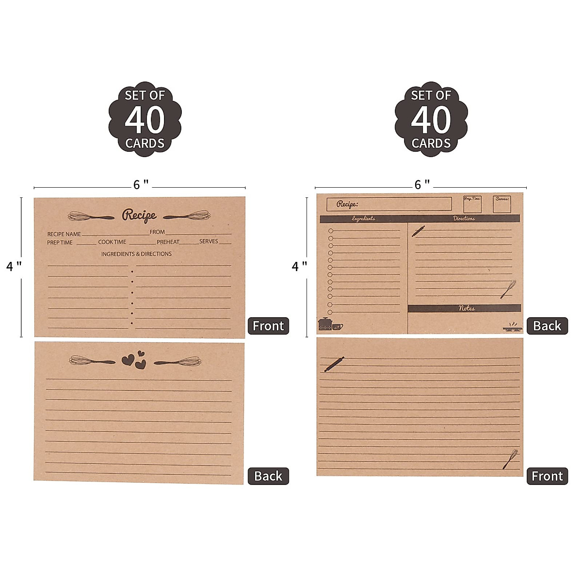 80 Count Recipe Cards 4x6 Inches, Thick Craft Paper Blank Double Sided, Classic Style, for Barbecues, Bridal Showers, or Housewarming Parties (2 Designs 40pcs each)