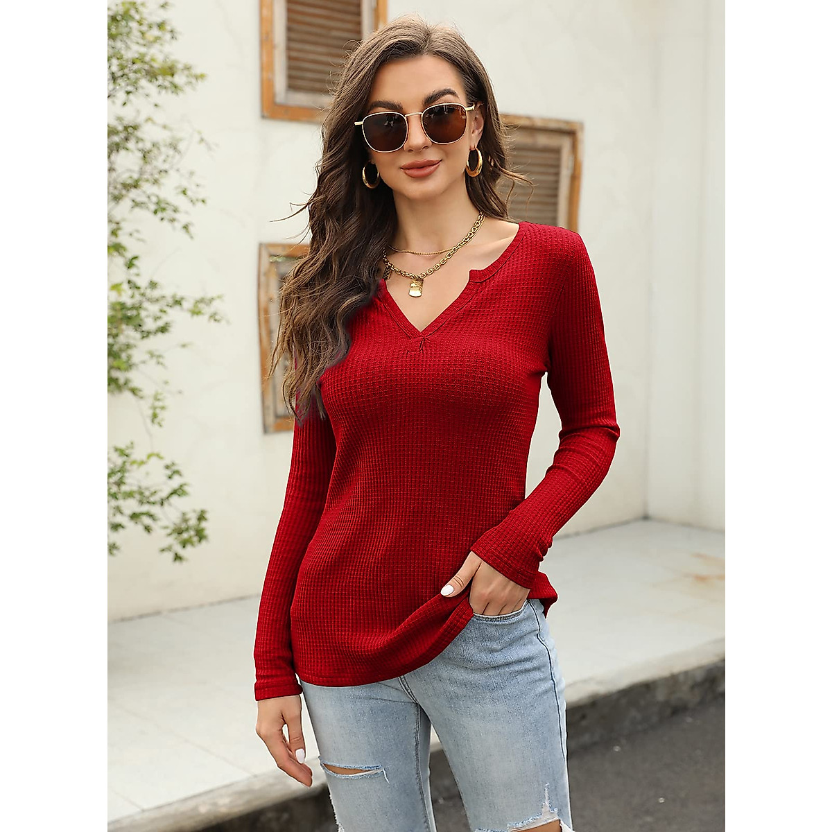 Women's V Neck Waffle Knit Henley Tops Casual Long Sleeve Pullover Sweater Blouses (Red, X-Large)