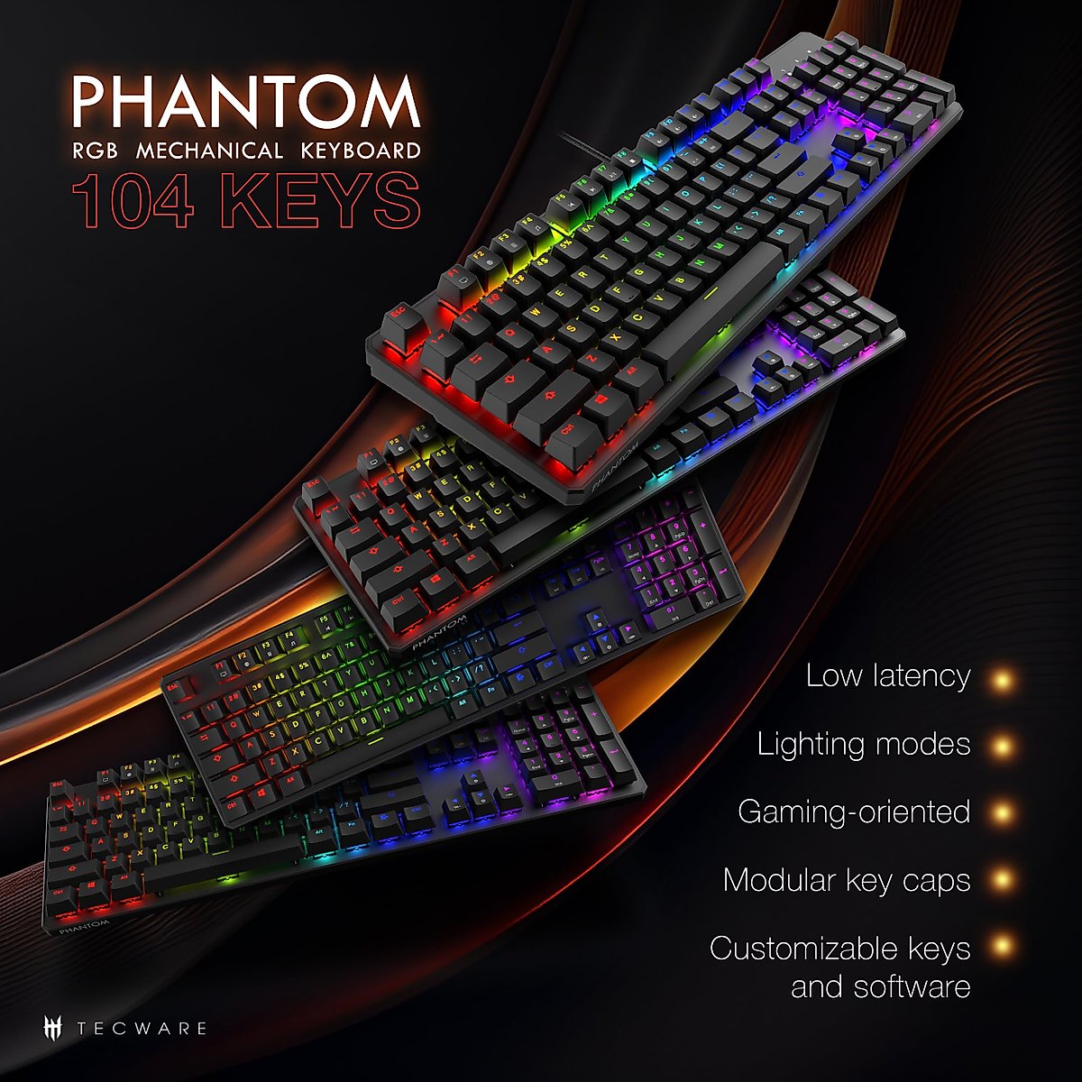 TECWARE Phantom 104 Key Full Size RGB Mechanical Gaming Keyboard with Numpad, LED Backlit, Typewriter Sound, Clicky Switch, Outemu Blue