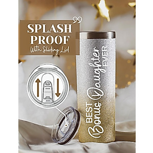 Onebttl Bonus Daughter Gifts - 20oz Stainless Steel Travel Mug with Lid and Straw - Best Daughter Ever (Silver or Gold) for Birthday, Christmas or Thanksgiving