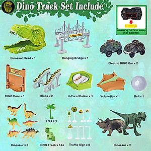 Dinosaur Toys Race Track,174pcs Flexible Track Set with 2 Dino Cars,Create a Dinosaur World Road Race,Include 8 Dinosaur Figurines,Jumbo Dinosaur Head,Dino Door & Bridge for Kids Toddlers Boys Girls