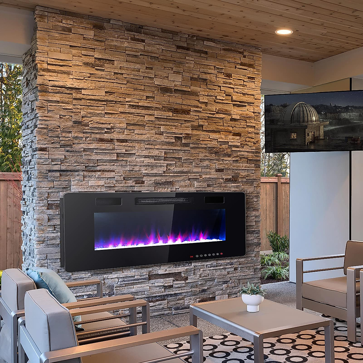 COSTWAY 60-Inch Electric Fireplace, 750W/1500W Wall Recessed and Mounted Fireplace Insert with Remote Control, 12 Flame Colors, 5 Brightness Settings, 8 H Timer, Fireplace Heater for Indoor Use