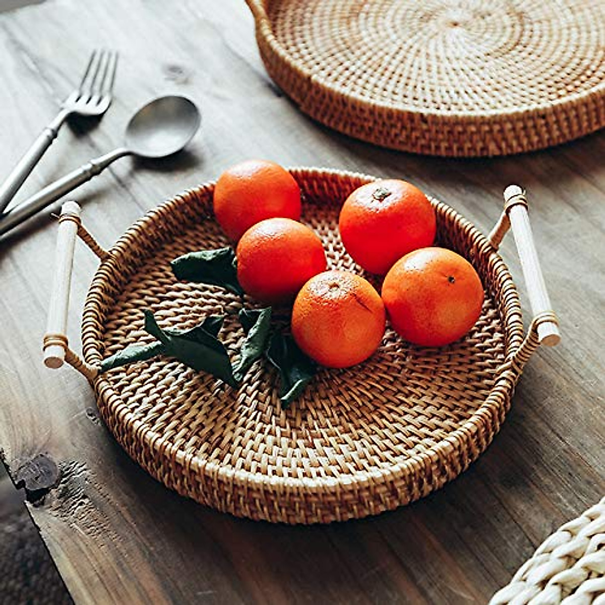 DECRAFTS Round Rattan Tray Woven Bread Basket with Handles Small Cracker Tray for Serving Dinner Parties Coffee Table Tea (Natural 11 inches Diameter)
