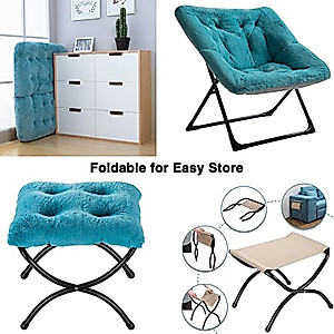 WELL-STRONG Folding Living Room Chair with Ottoman - Faux Fur Foldable Bedroom Chair and Foot Rest Set with Metal Frame Lounge Chair and Foot Stool Set for Men, Women Blue
