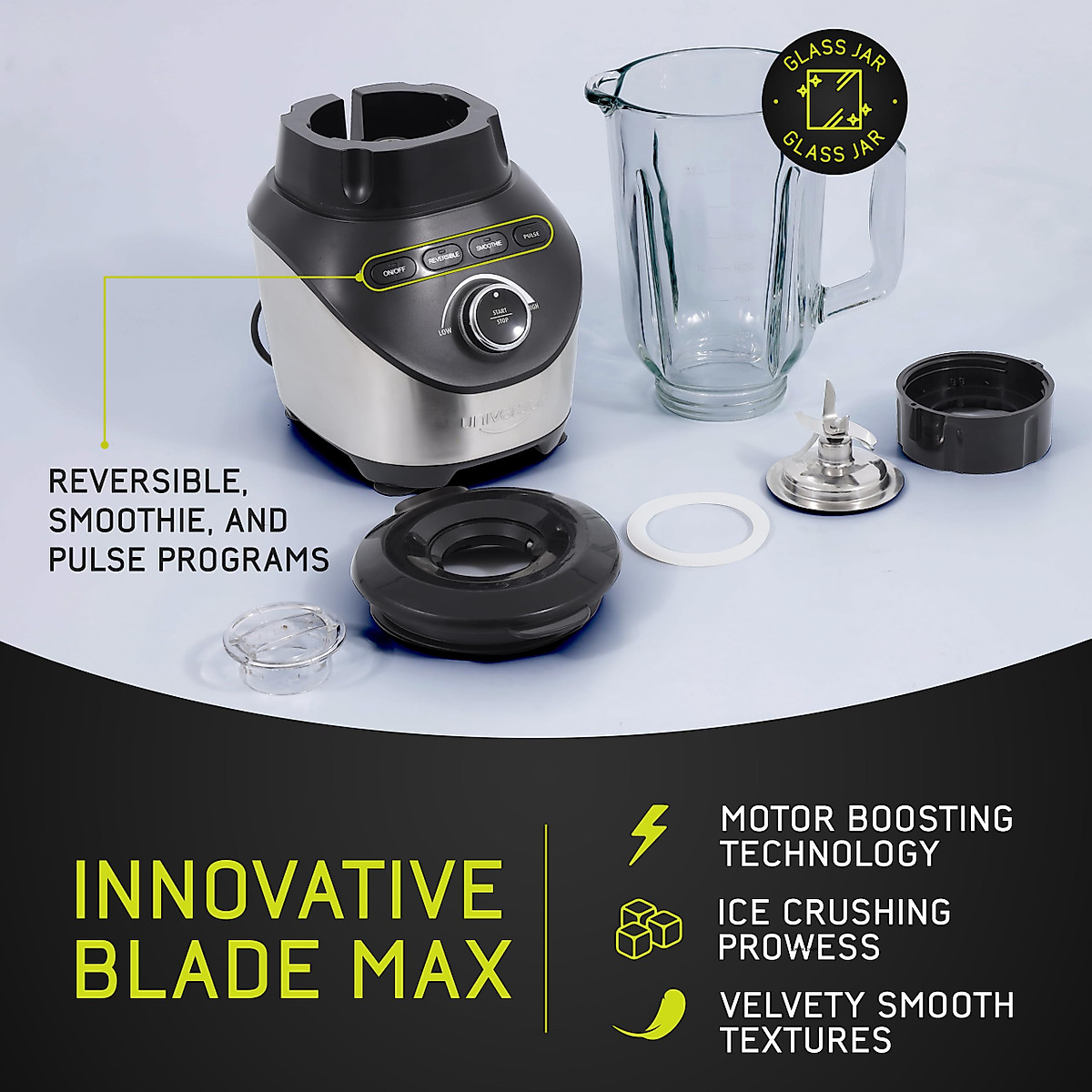 Universal 1500 Watt Turbo Elite Max Blender, 71oz - 9-cup / 2.1 Liter Glass Pitcher, Premium Blender for Smoothies, Sauces, & Batters, 3 Speed Settings, Powerful 6 Stainless Steel Blades