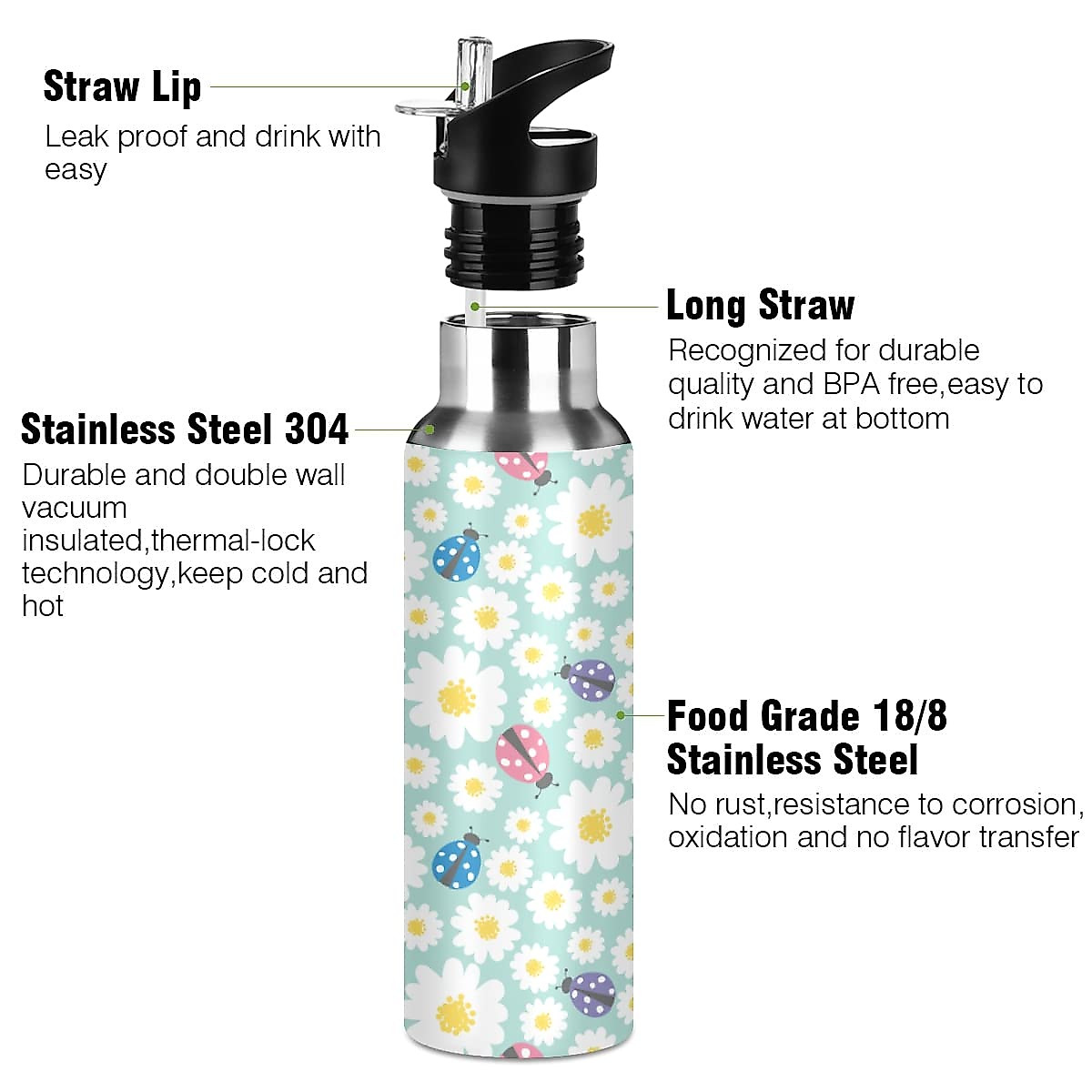 linqin Flowers and Ladybugs Stainless Steel Insulated Water Bottle with Straw, BPA Free Leakproof Reusable Drink Jug for Fitness Sports Hiking Outdoors